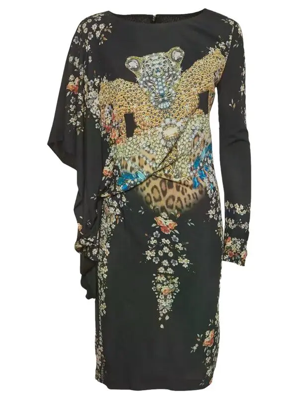 Roberto Cavalli Animal And Floral Print Draped Midi Dress - Blue