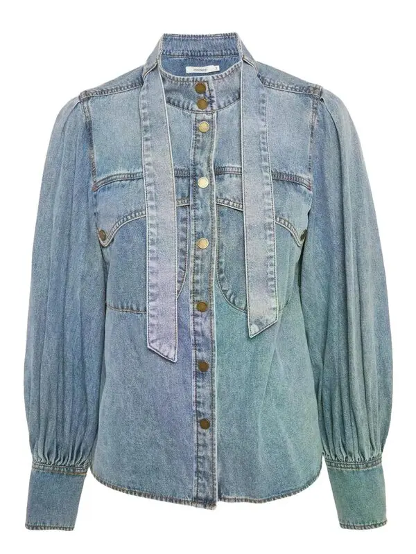 Zimmermann Denim High Neck Tie Blouse - Blue