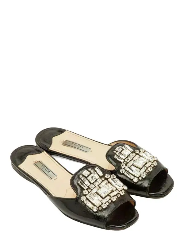 Prada Crystal-embellished Patent Leather Flat Sandals - Black