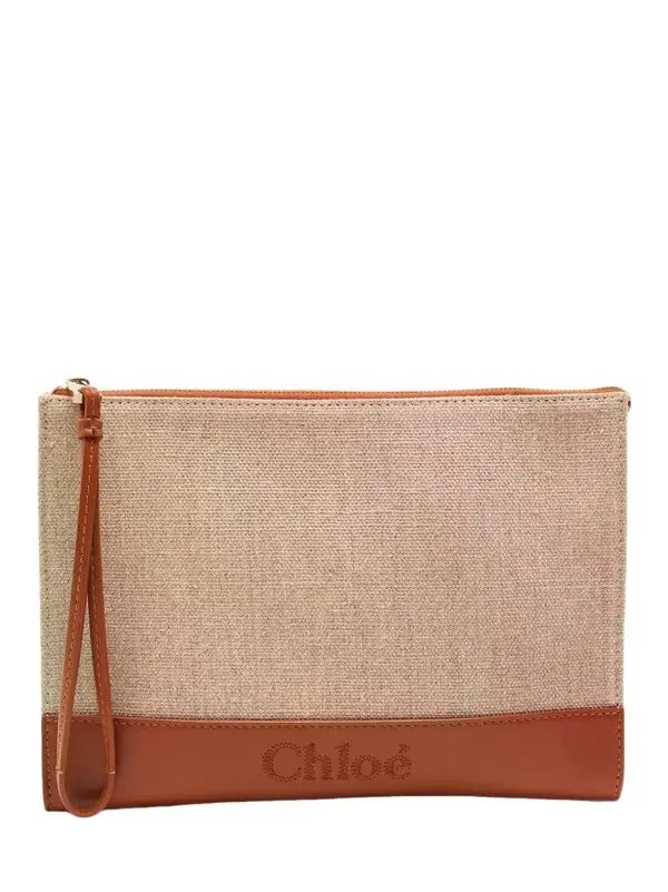 Chloé Sense Wristlet Pouch In Beige Canvas And Calf Leather - Neutrals