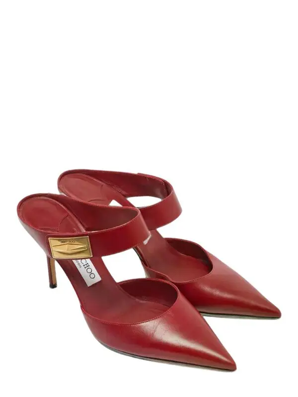 JIMMY CHOO Leather Pointed-toe Stiletto Mules With Gold-tone Logo Plaque - Red