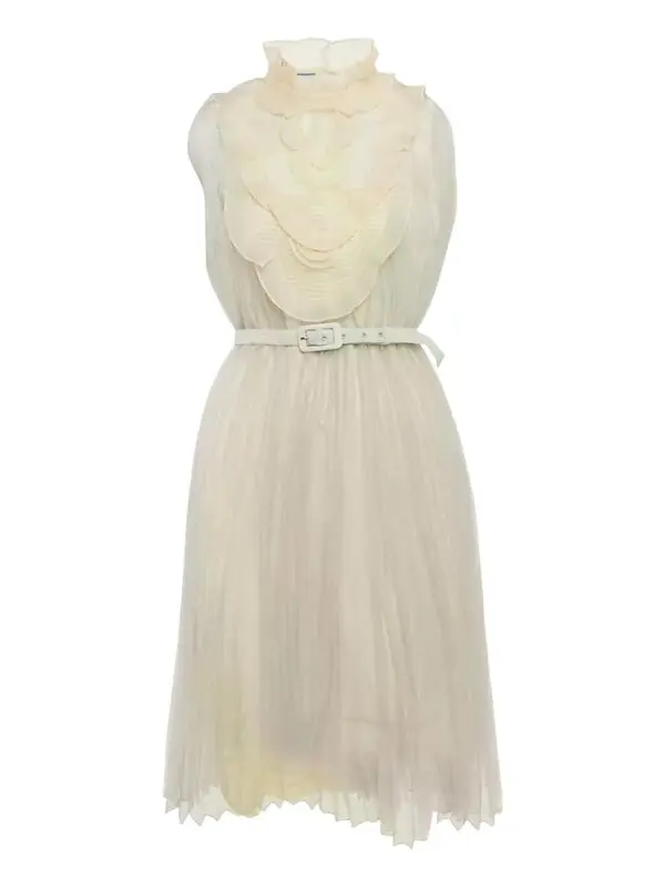 Prada Pleated Ruffled Dress With High Neck - White
