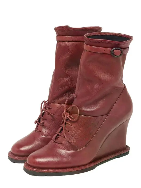 Bottega Veneta Burgundy Intrecciato Wedge Ankle Boots - Red