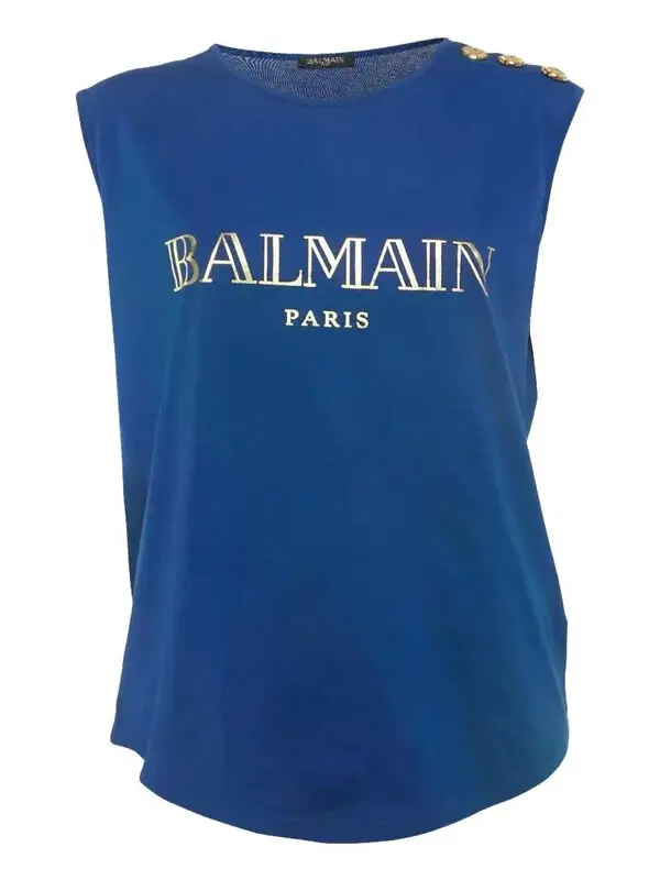 Balmain Logo Print Button-detail Tank Top - Blue