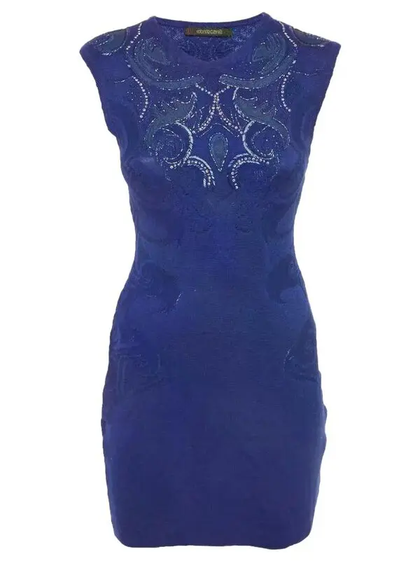 Roberto Cavalli Embroidered Stretch-knit Mini Dress - Blue