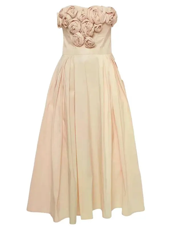 Elisabetta Franchi Strapless Sweetheart Neck Rose Appliqué Gabardine Dress - Neutrals