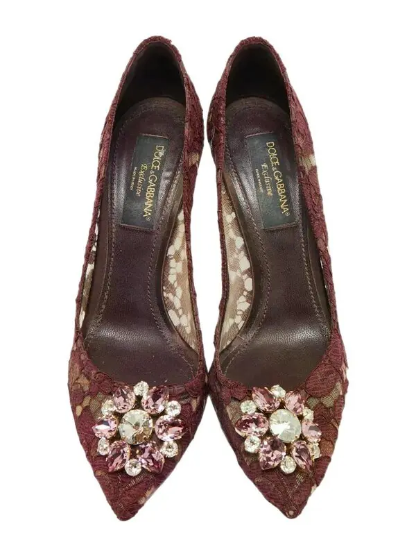 Dolce & Gabbana Burgundy Floral Lace Crystal Embellished Pointed Toe Pumps - Red