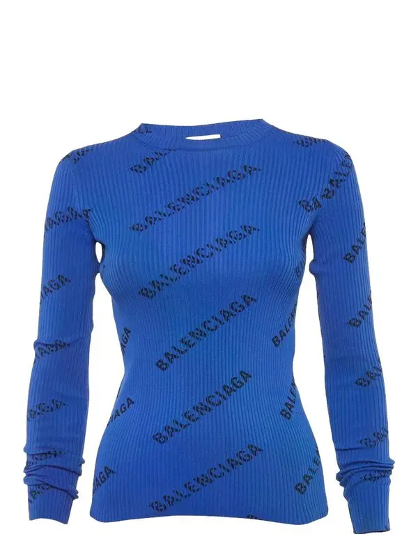 Balenciaga All-over Logo Print Rib-knit Sweater - Blue