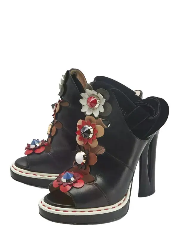 Fendi Leather Floral Appliqué Ankle Strap Sandals - Black