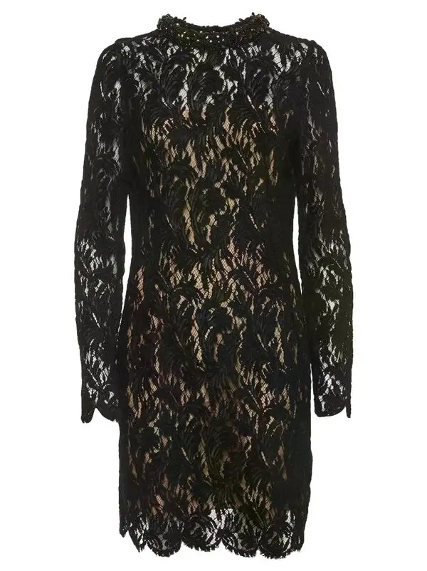 LANVIN 2014 Bead-embellished Lace Mini Dress - Black