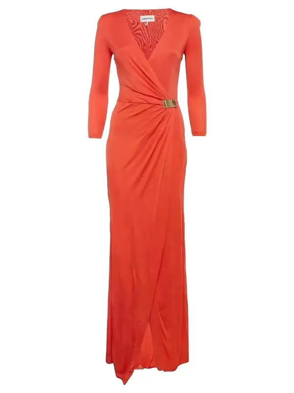 Emilio Pucci V-neck Draped Maxi Dress With Gold-tone Logo Plaque - Red
