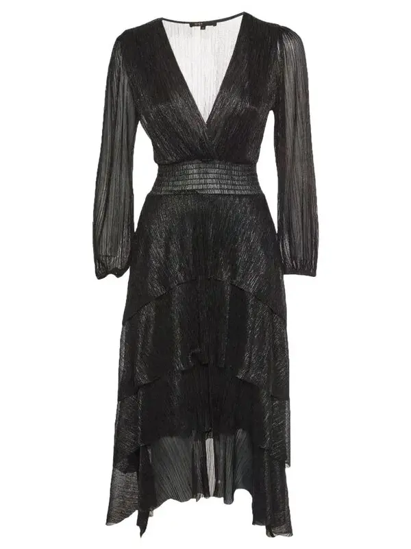 Maje Asymmetric Tiered Midi Dress With V-neck And Long Sleeves - Black