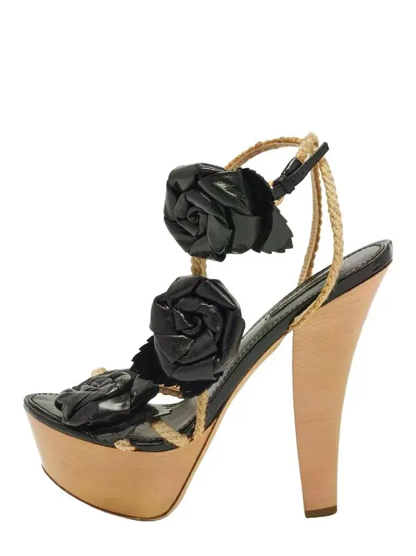 LOUIS VUITTON Floral Appliqué Rope Strap Platform Block Heel Sandals - Black