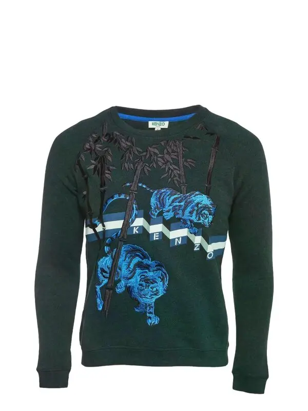 Kenzo Bamboo Tiger Motif Crew Neck Sweater - Green