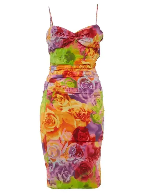 Versace Floral Print Ruched Silk Dress - Orange