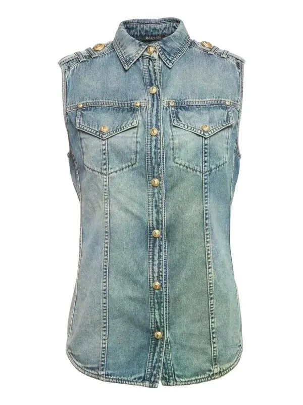 Balmain Sleeveless Faded Denim Shirt - Blue