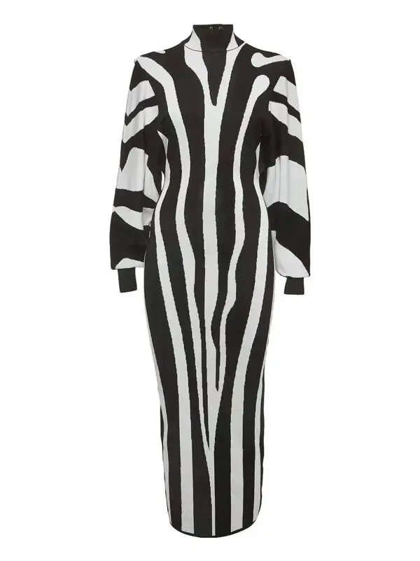 Balmain High-neck Zebra Print Midi Dress - Black