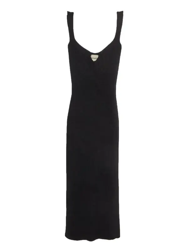 Khaite Ribbed Knit Midi Dress With V-neck And Slit - Black