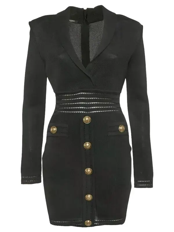 Balmain Mesh-knit Button-detail Mini Dress - Black