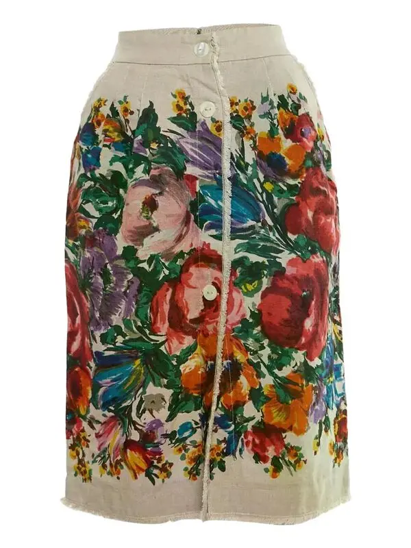 Dolce & Gabbana Floral Print Linen Midi Skirt - Neutrals