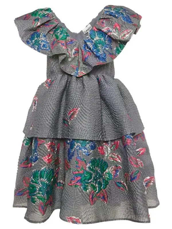 GANNI Tiered Jacquard Mini Dress - Grey