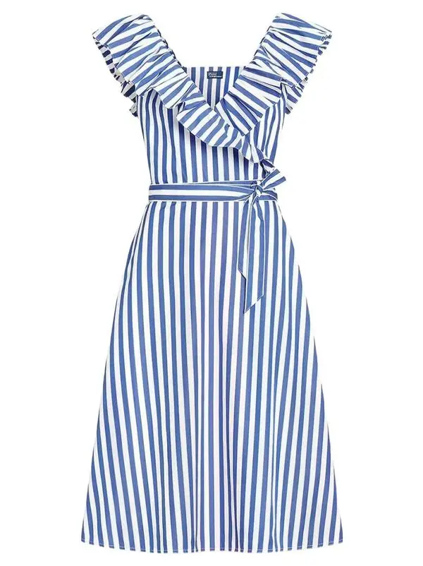 Polo Ralph Lauren Striped Ruffle-trim Midi Dress - Blue