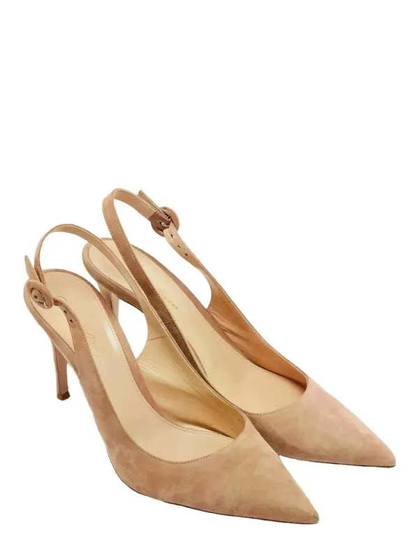 GIANVITO ROSSI Beige Calf Suede Pointed Toe Slingback Pumps - Neutrals