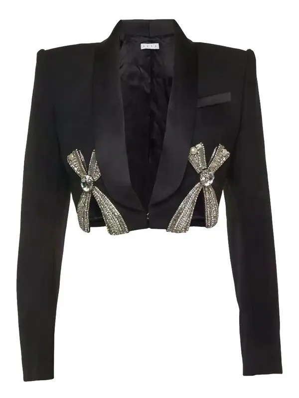 AREA Crystal Embellished Bow Cropped Blazer - Black