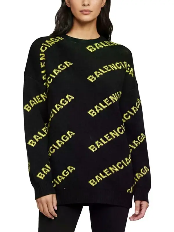 Balenciaga Logo Intarsia Crew Neck Sweater - Black