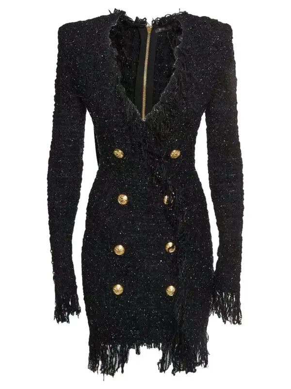 Balmain Bouclé Tweed Fringed Mini Dress - Black