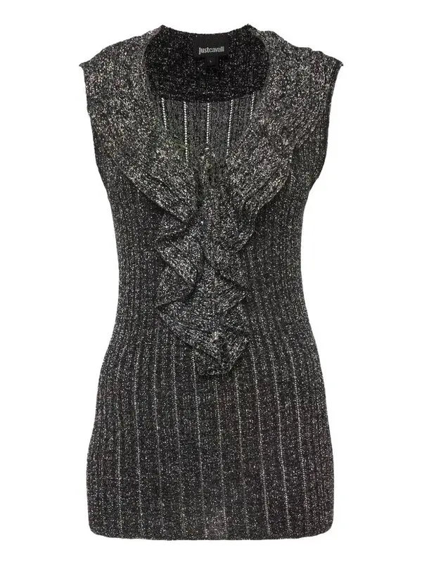 Just Cavalli Ruffled Lace-up Knit Top - Grey