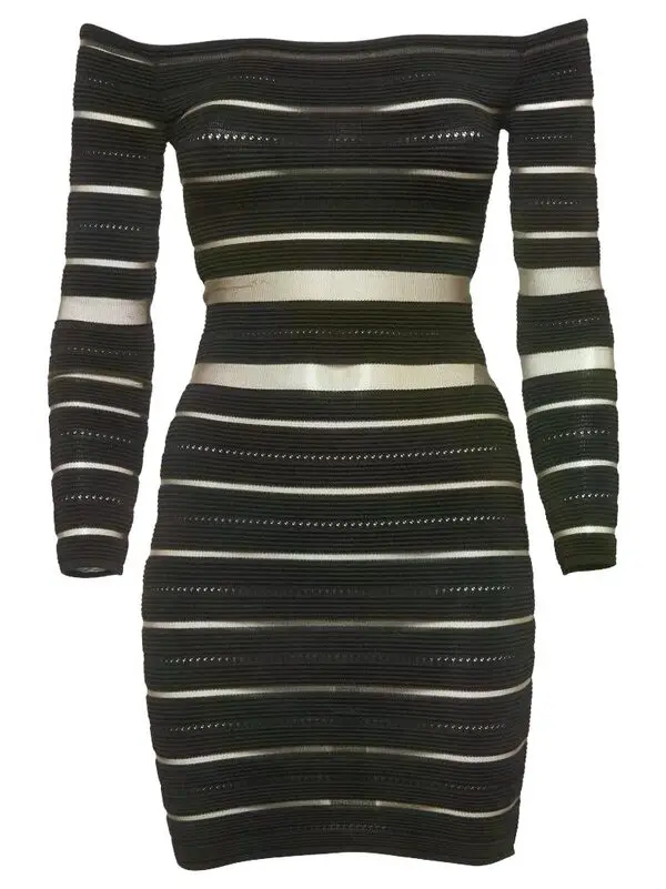 Balmain Off-shoulder Striped Dress - Black