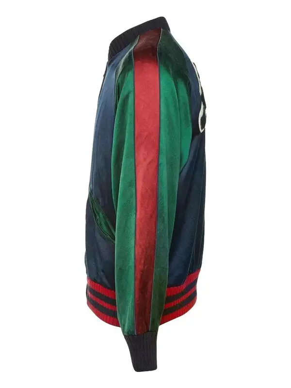 Gucci Silk Satin Panther Appliqué Bomber Jacket - Blue