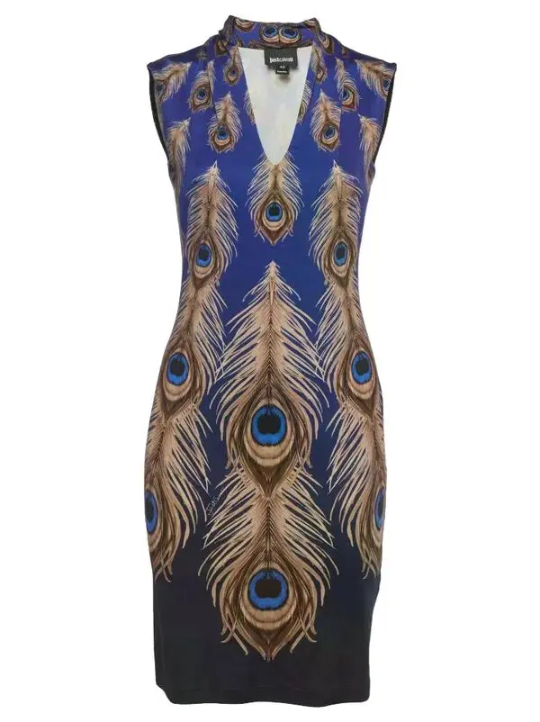 Just Cavalli Feather-print Sleeveless Midi Dress - Blue