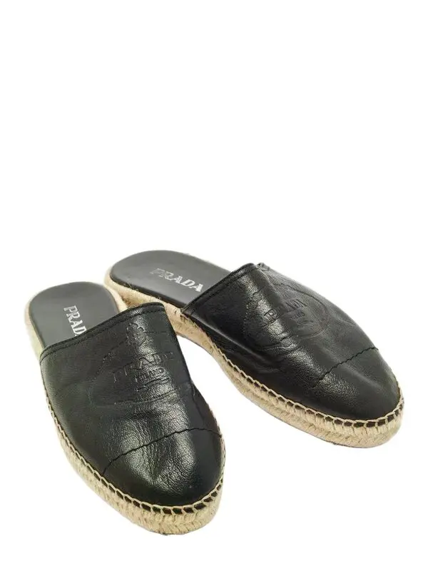 Prada Embossed Logo Espadrille Mules - Black