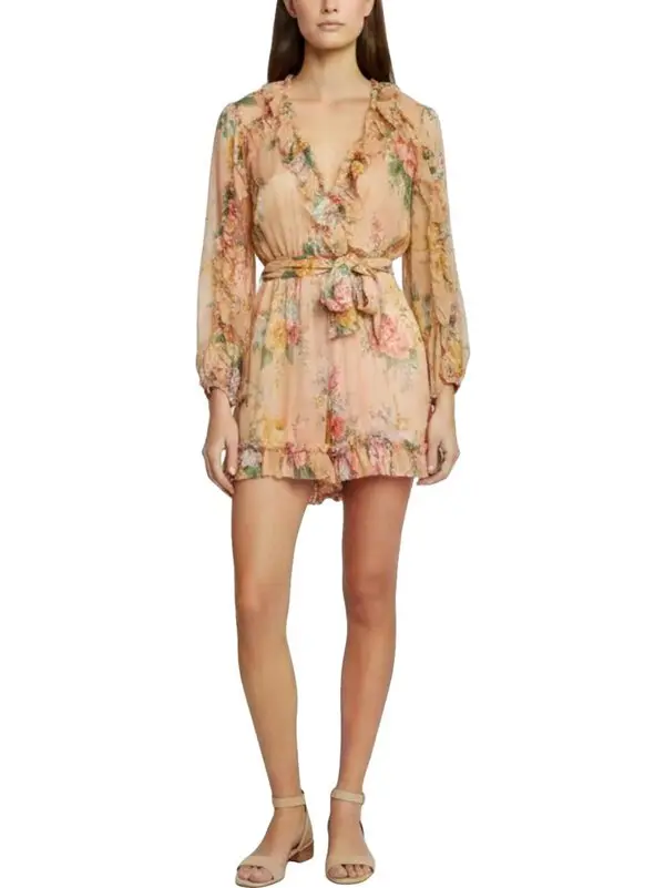 Zimmermann Floral-print Ruffled Playsuit - Orange