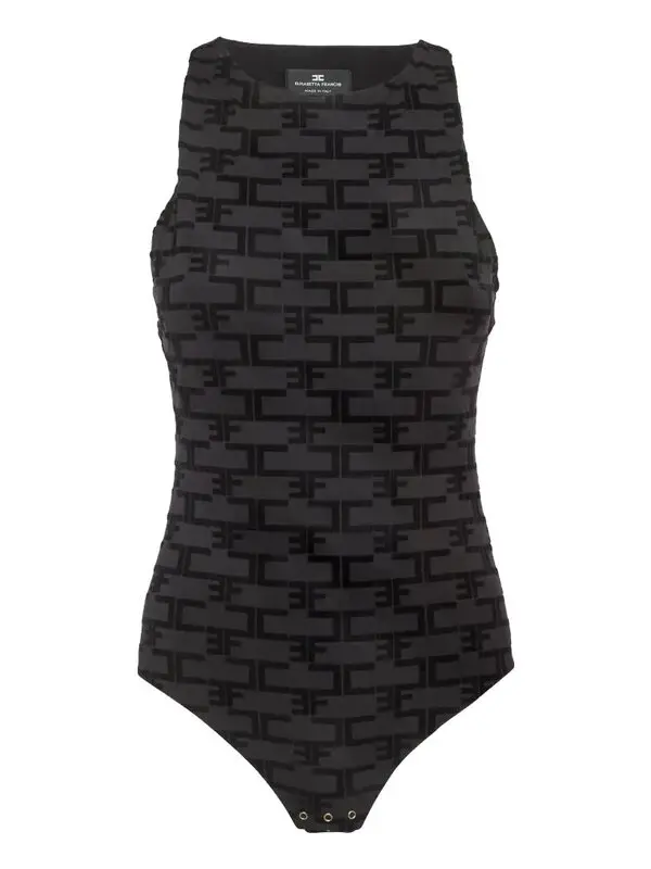 Elisabetta Franchi Black Stretch Knit Flocked Logo Bodysuit - Grey