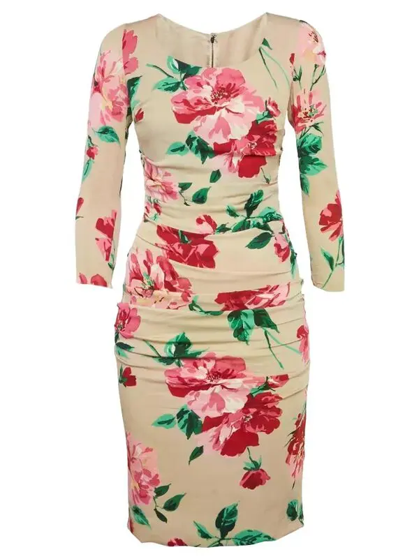 Dolce & Gabbana Beige Floral Print Ruched Midi Dress - Neutrals