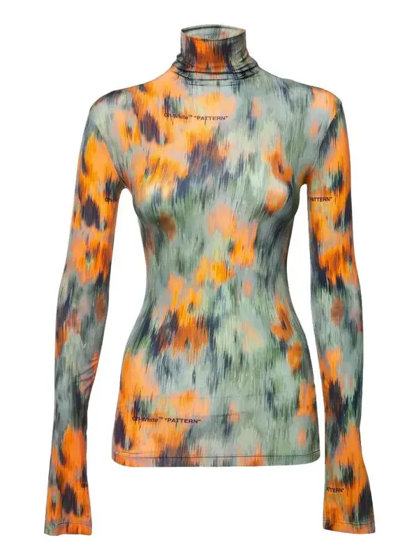 Off-White Chine Flower Print Turtleneck Top - Orange