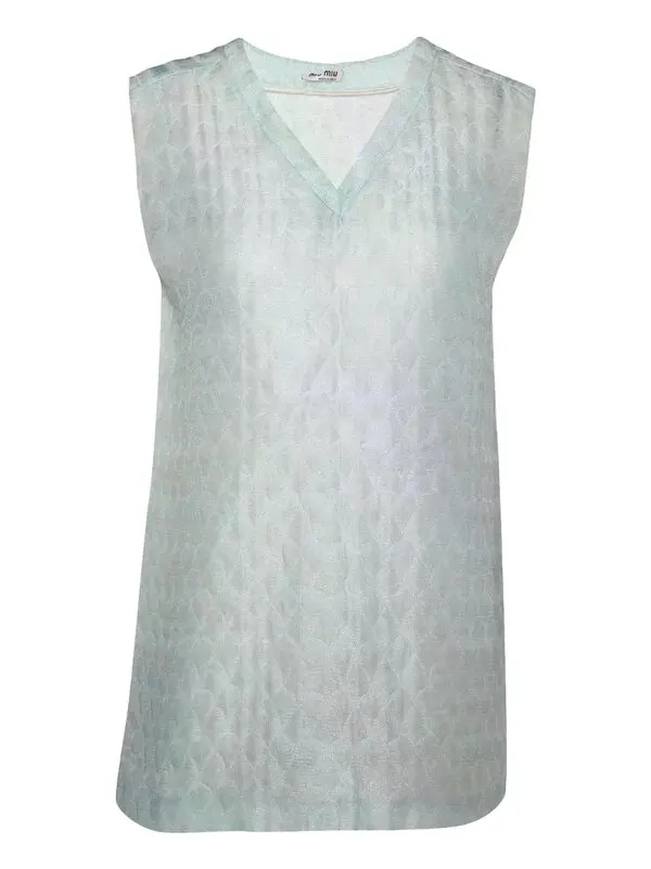 Miu Miu Patterned Silk V-neck Sleeveless Top - Blue