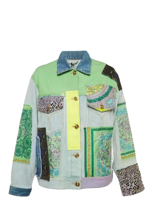 Versace Mixed-print Patchwork Denim Jacket - Blue