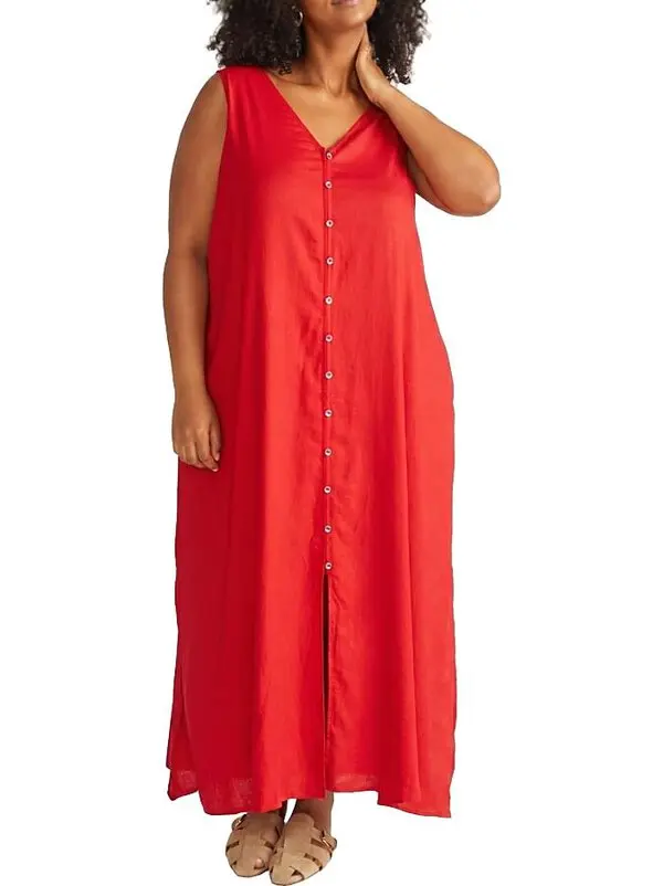 Universal Standard Islet Button-down Linen Maxi Dress - Ruby Red