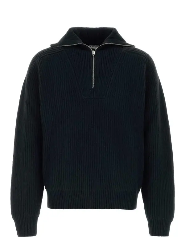 JIL SANDER Ribbed Wool Quarter Zip Polo - Black