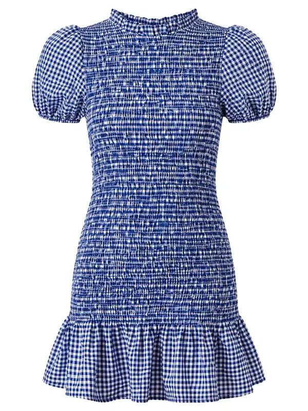 Mind Traveler Gingham Checks Shirred Dress - Blue