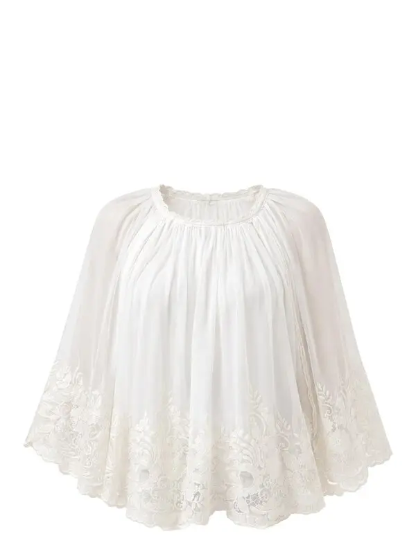 IZABELA MANDOIU Aurélia Embroidered Silk Cape Blouse - White