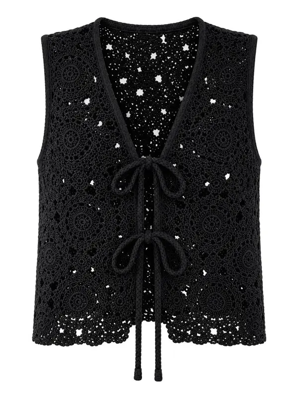 IZABELA MANDOIU Crochet Floral Tie-front Vest - Black