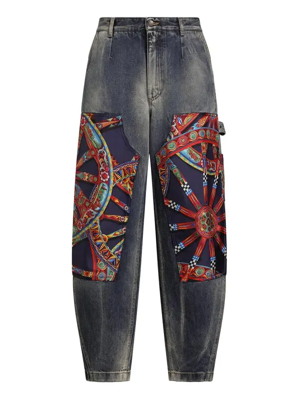 Dolce & Gabbana Cotton Denim Trousers With Carretto-print Applications - Multicolor