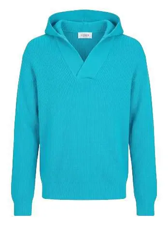 LANEUS Turquoise Merino Wool & Cashmere Hooded Sweater - Blue