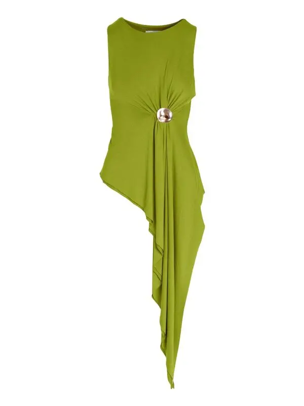 CONCEPTO Asymmetrical Sleeveless Draped Top With Detachable Gold Accessory - Green