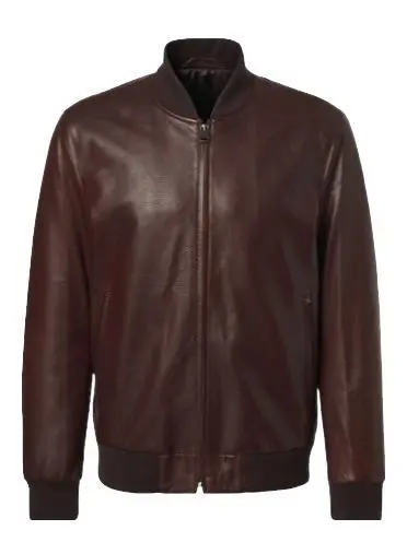 Brioni Leather Bomber Jacket With Ribbed Knit Trim - Black